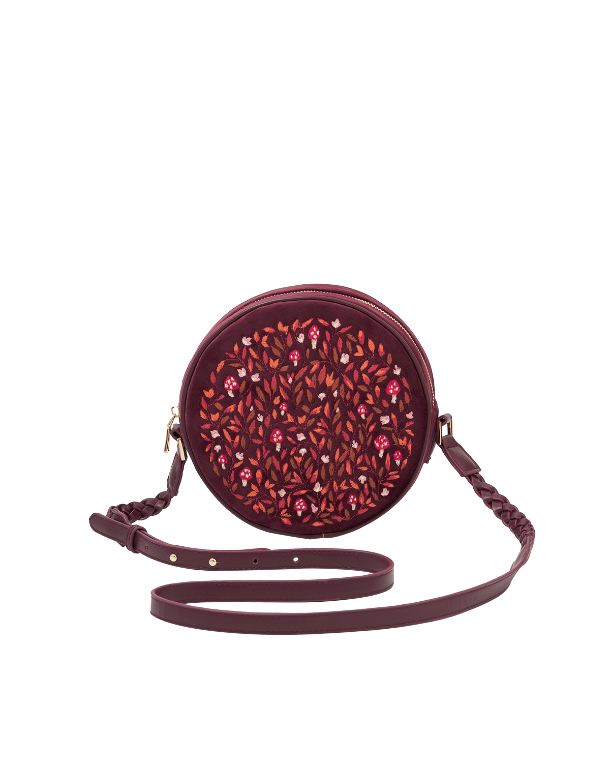 Magical Mushroom Embroidered Burgundy Velvet Circle Bag | Fable England