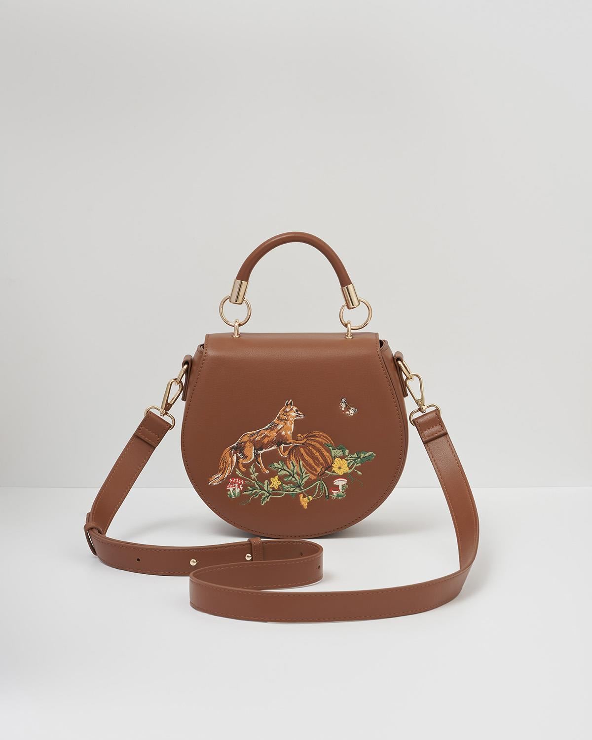 Fox & Pumpkin Embroidered Tan Saddle Bag – Fable England UK